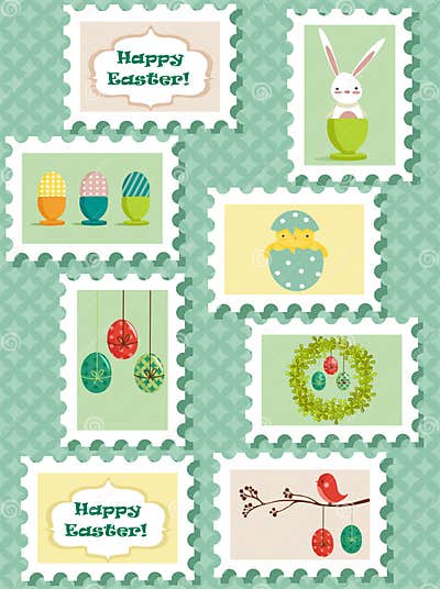 Easter postal stamps set stock vector. Illustration of bird - 19029828