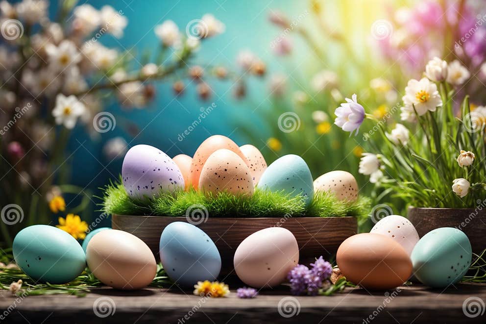 Easter Product Display Table with Easter Eggs and Spring Meadow. Ai ...