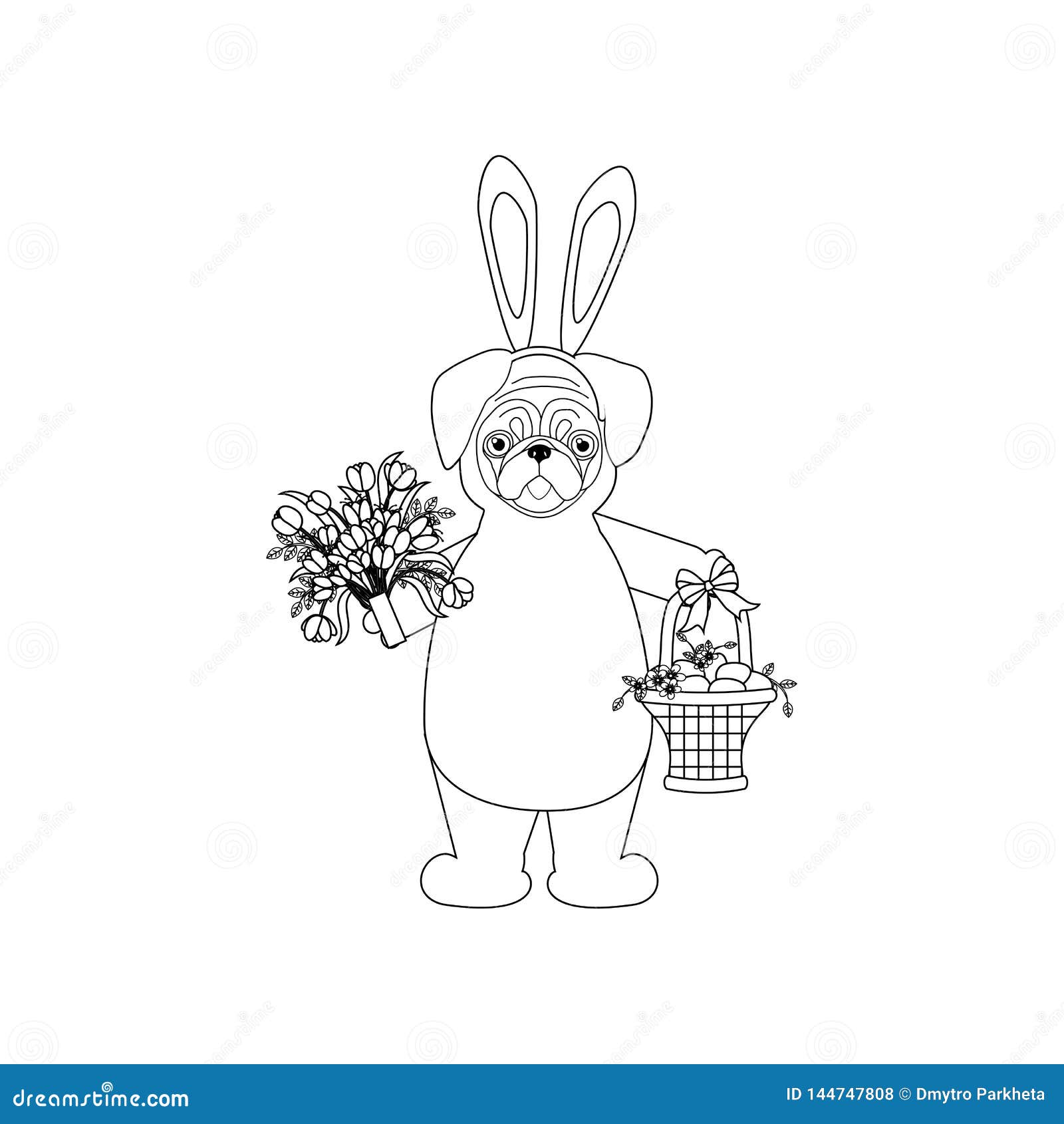Easter Pug with Basket Outline Stock Vector - Illustration of tradition ...