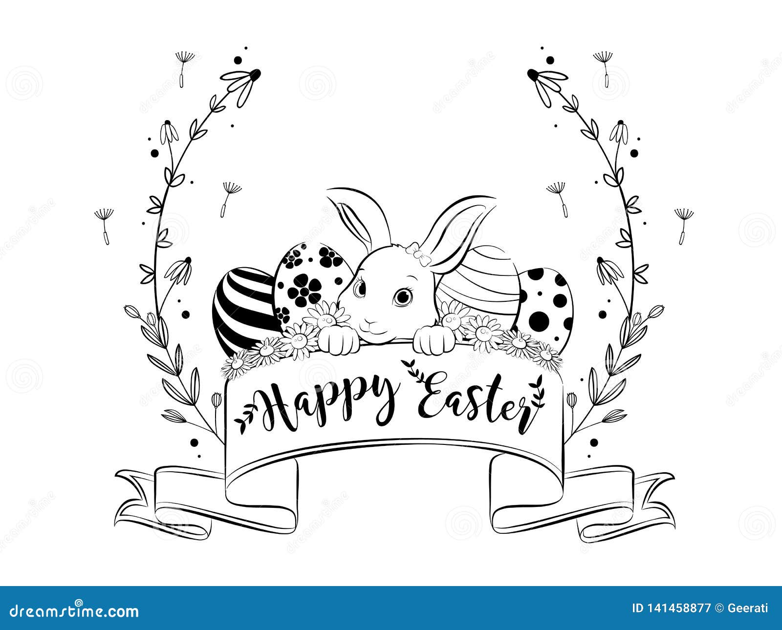 Happy Easter Banner with Floral Wreath Frame, Hand Drawing Style ...