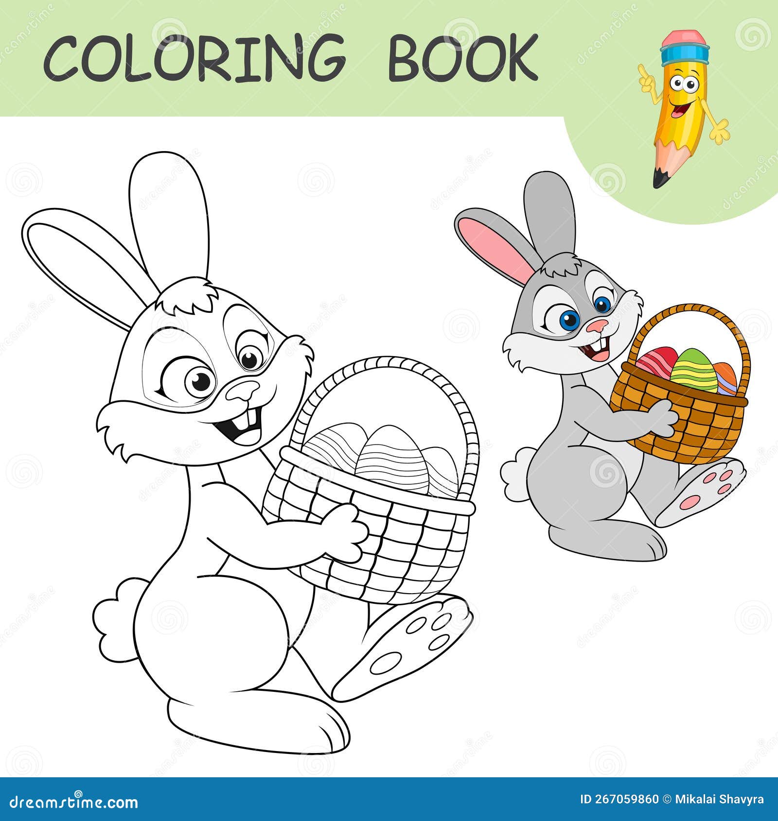 Easter Rabbit Carrying Basket with Full of Decorated Eggs. Side View ...