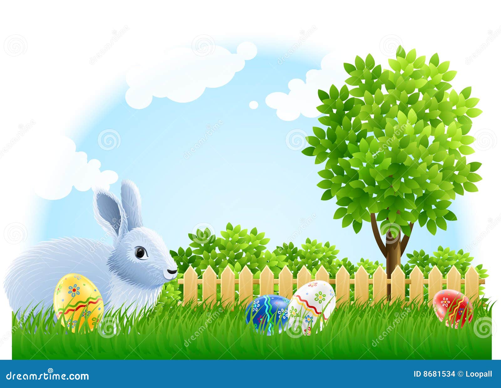 Easter Rabbit and Eggs on the Green Garden Grass Stock Vector ...