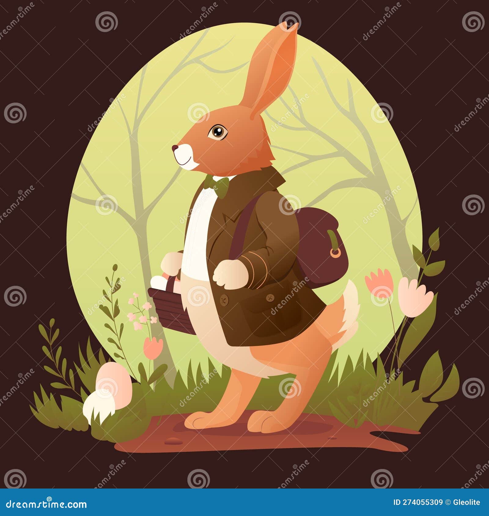 Easter Rabbit Holding a Basket in Hand with Flowerrs and Leaves. Vector ...