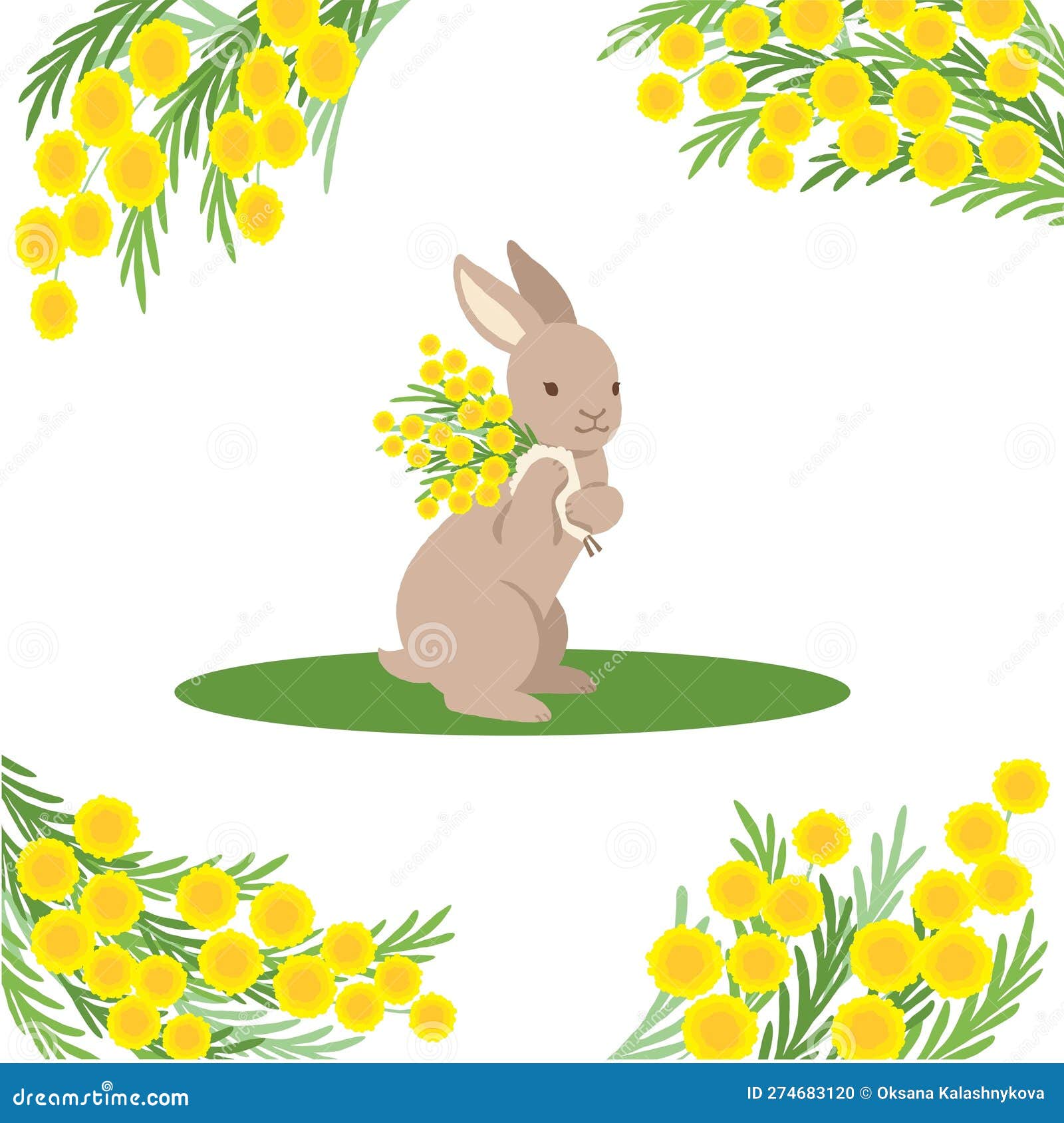 Easter rabbit with mimosa stock vector. Illustration of mimosa - 274683120