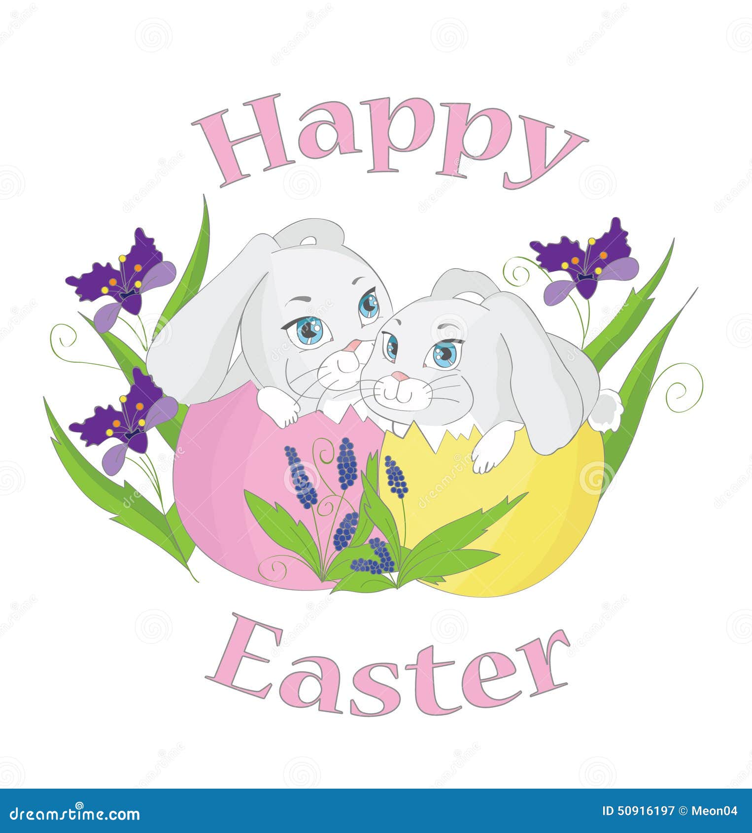 Two Easter Rabbits And Easter Eggs. Cartoon Image Colorful Doodle ...