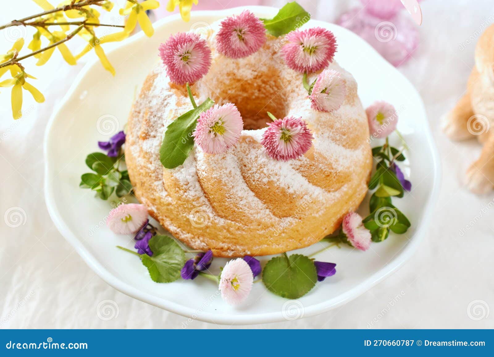 Easter Ring Cake with Fresh Daisy and Violets Decoration Stock Image ...