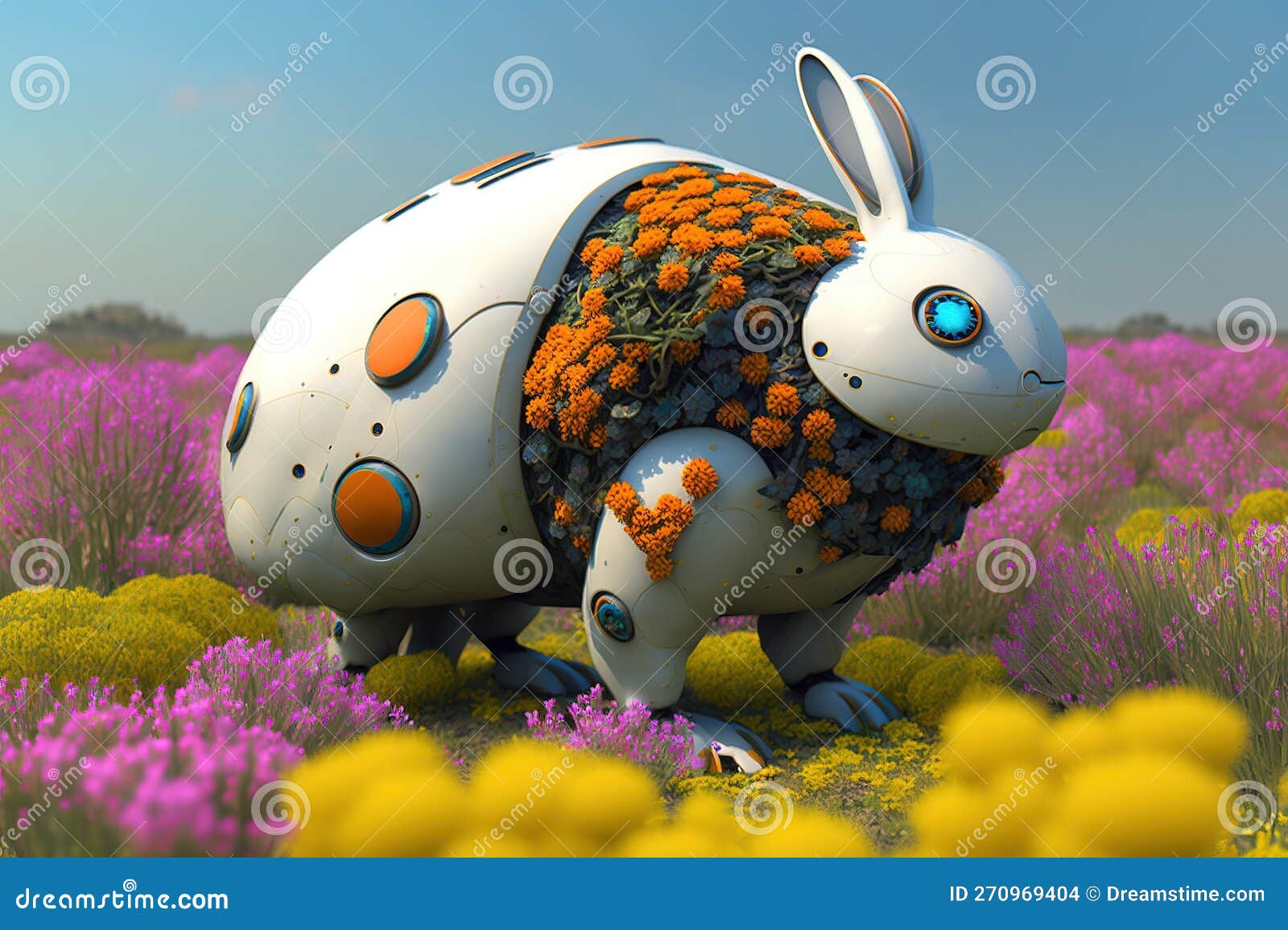 Easter Robot Rabbit White in Flowers on a Field with Flowers and Grass ...