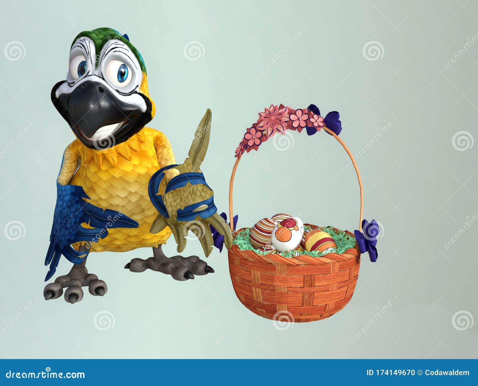 Easter Scene of Parrot Bird with Easter Eggs in the Decorated Basket ...
