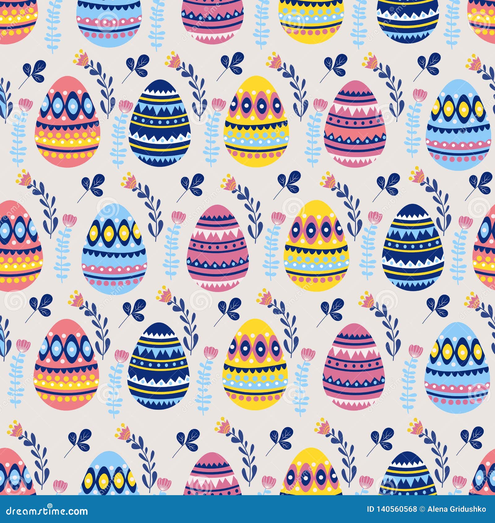 Easter Seamless Pattern with Cartoon Flat Cute Eggs and Doodle Flowers ...