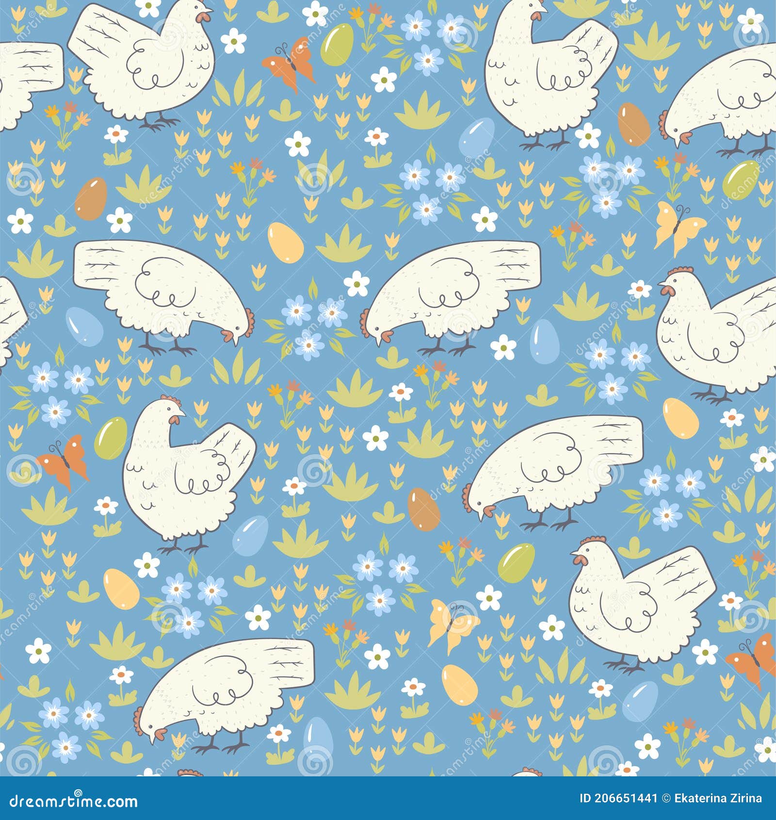 Pattern Chickens Walking On Green Grass And Pecking Worms On Black ...