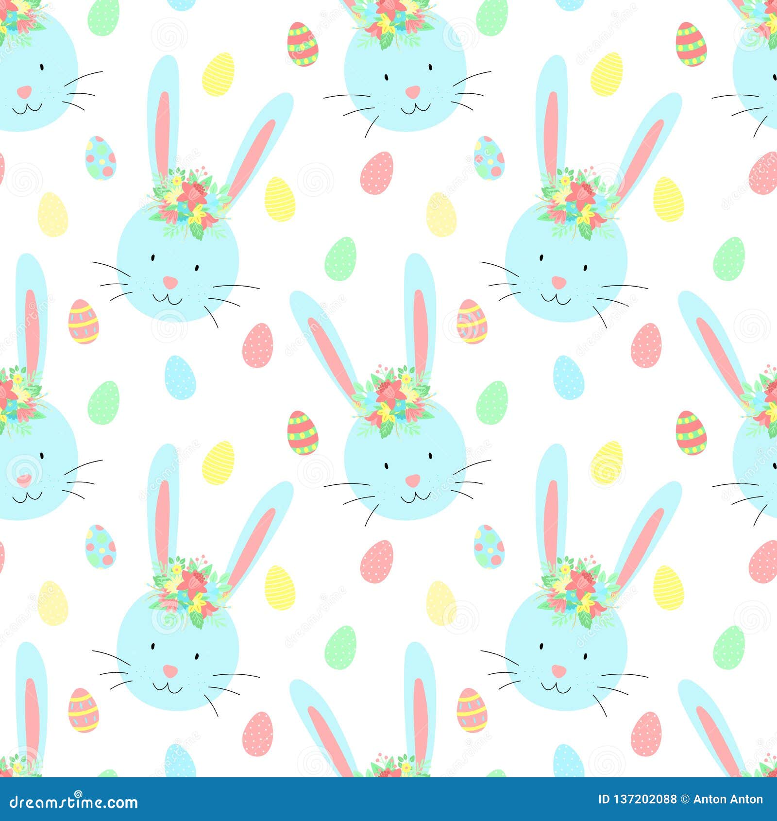 Easter Seamless Pattern with Cute Rabbits, Eggs and Flowers on a ...