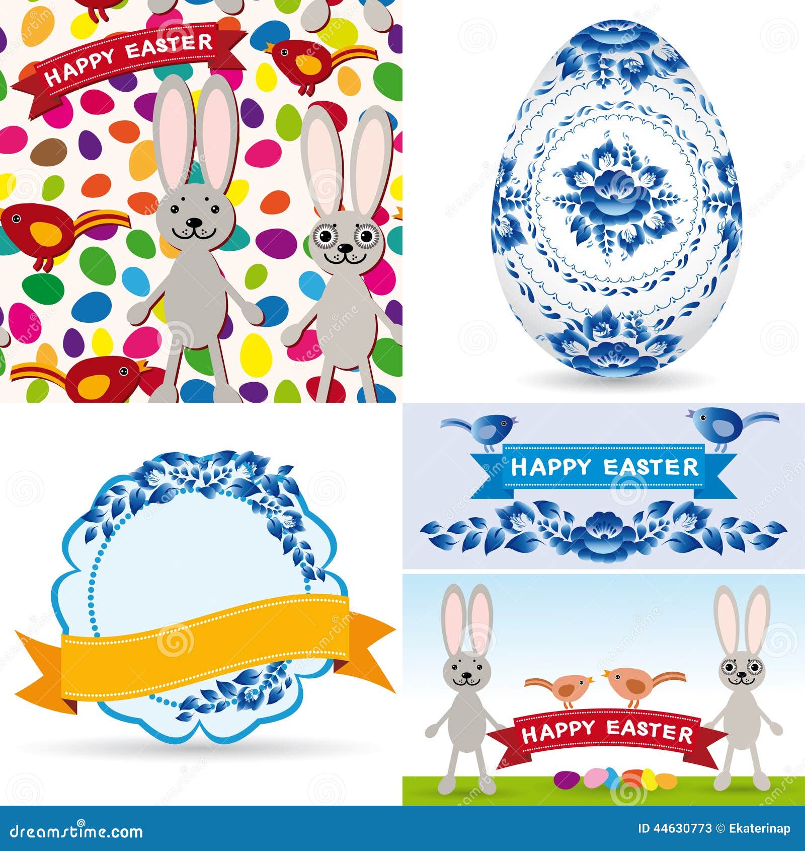 Easter Set Traditional Eggs, Gzhel Flowers, Birds, Rabbits, Seamless ...