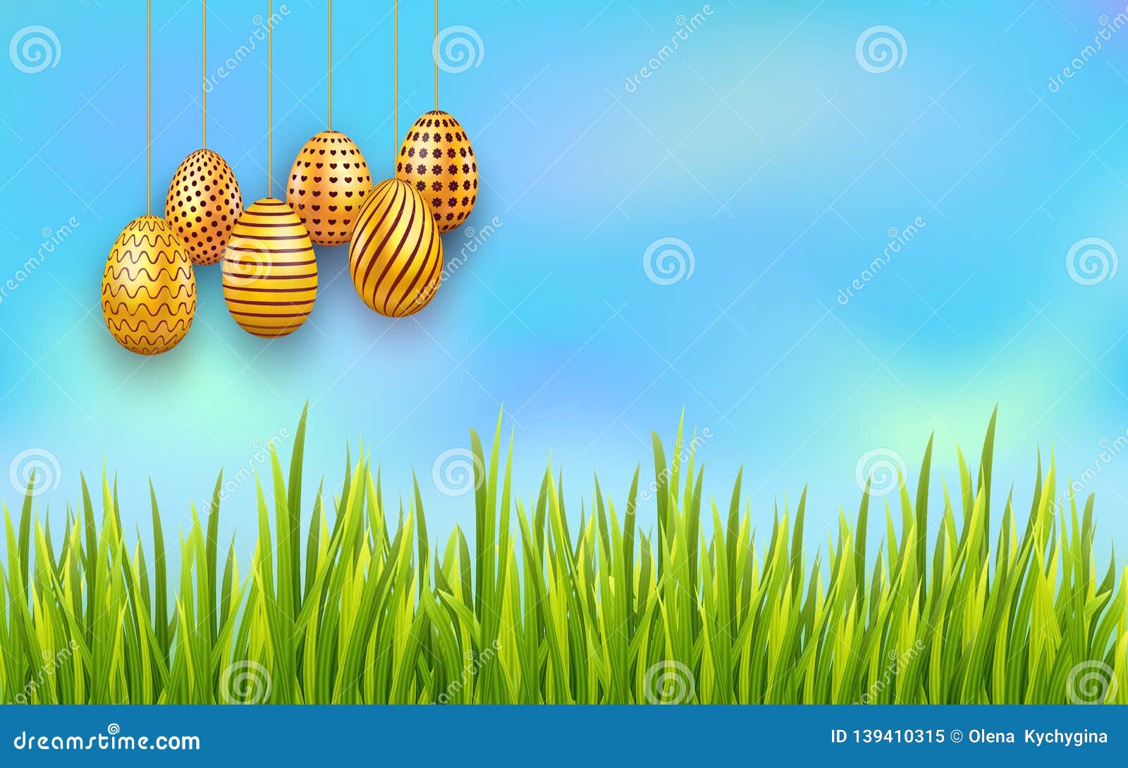Easter Sky Background with Hanging Decorated Golden Eggs and Green ...