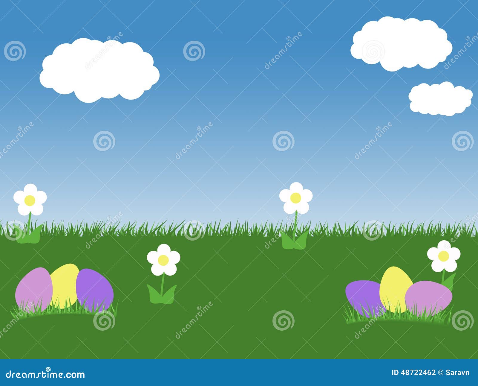 Easter Spring Background with Eggs Blue Sky Green Grass and White ...