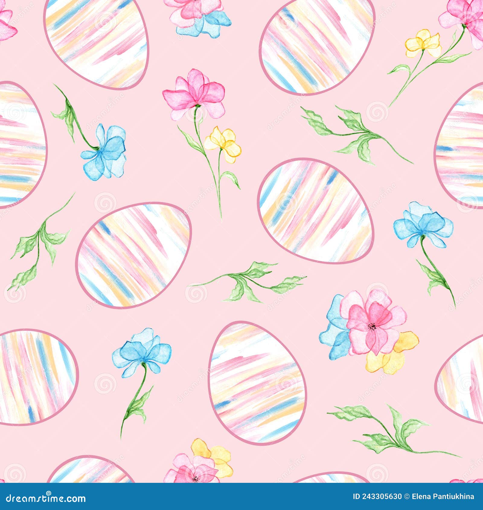 Easter Spring Pattern with Eggs, Delicate Flowers and Leaves on a Pink ...