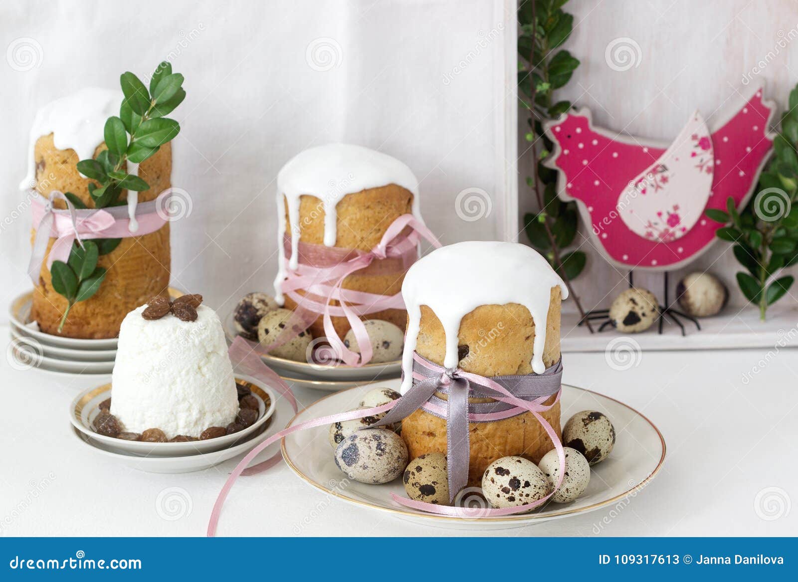 Easter Still Life with Easter Cake Kulich, Paskha and Painted Eggs on a ...