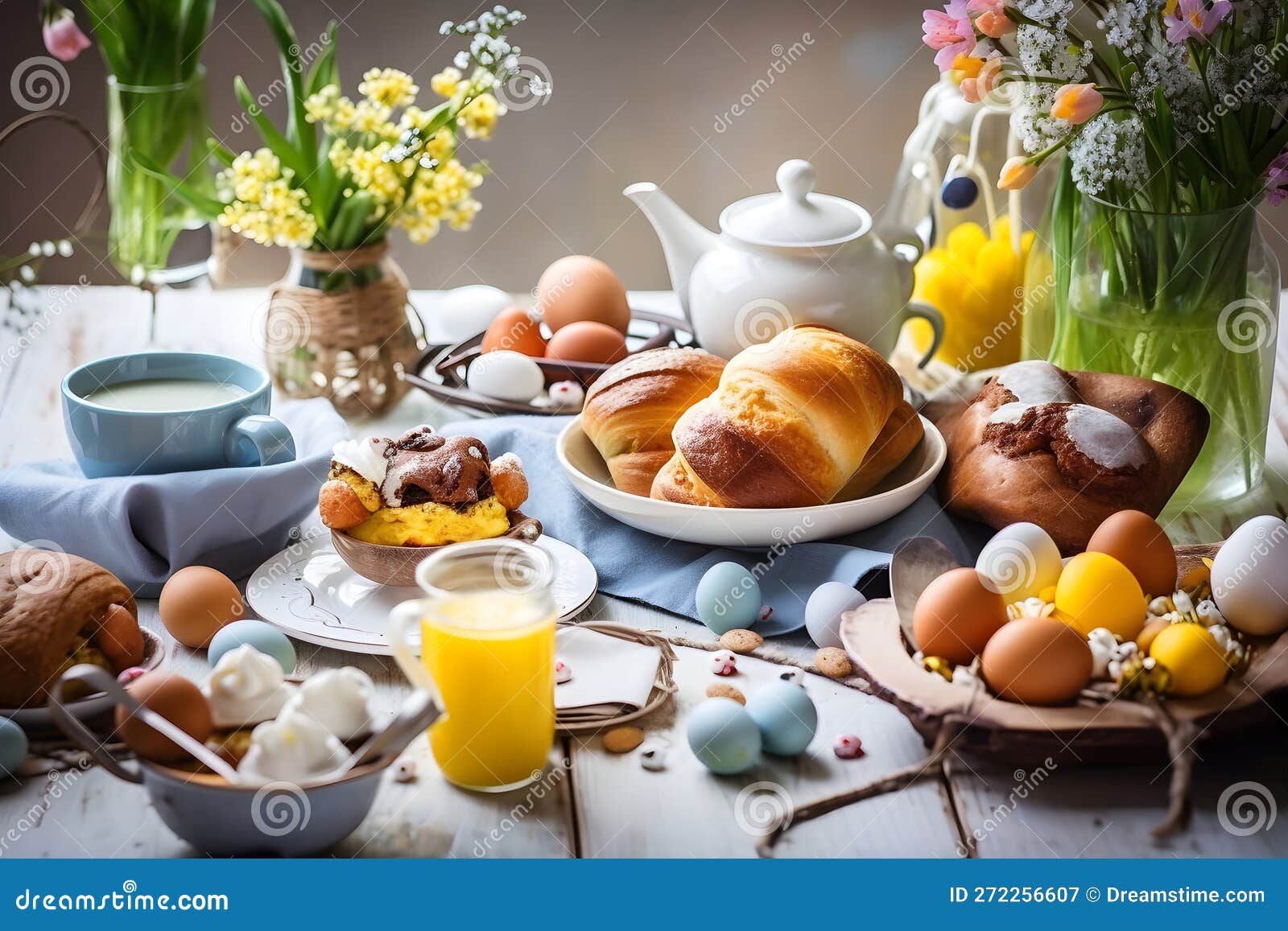 Easter Sunday Breakfast with Different Food, Painted Eggs and Easter ...