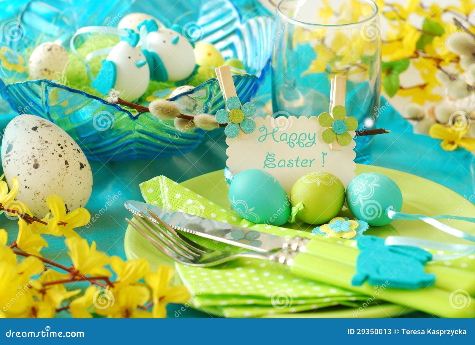 Easter Table Decoration in Pistachio and Turquoise Colors Stock Image ...