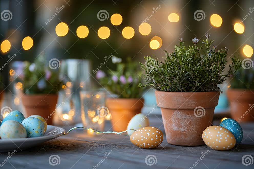 Easter Table Decorations, Colorful Dyed Eggs and String Lights Twinkle ...