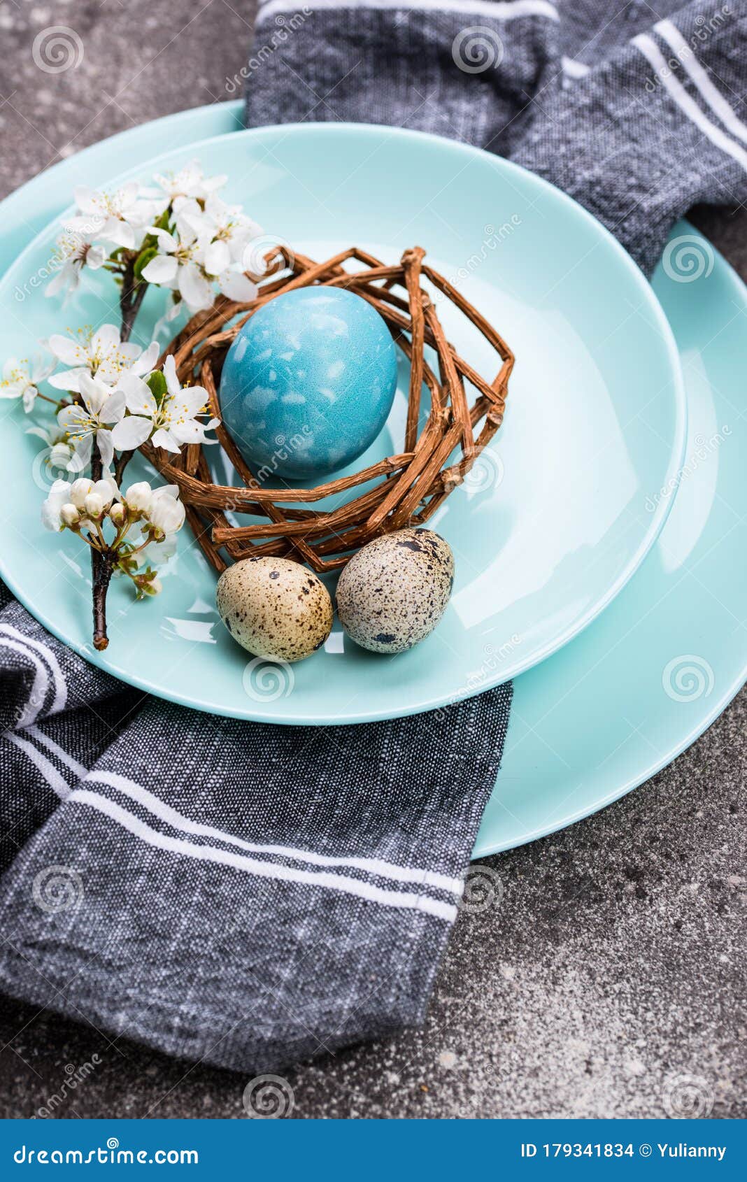 Easter Table Setting with Blue Egg Stock Photo - Image of painting ...