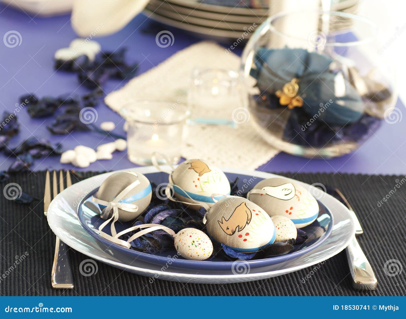 Easter Table Setting in Blue and White Stock Image - Image of lace ...