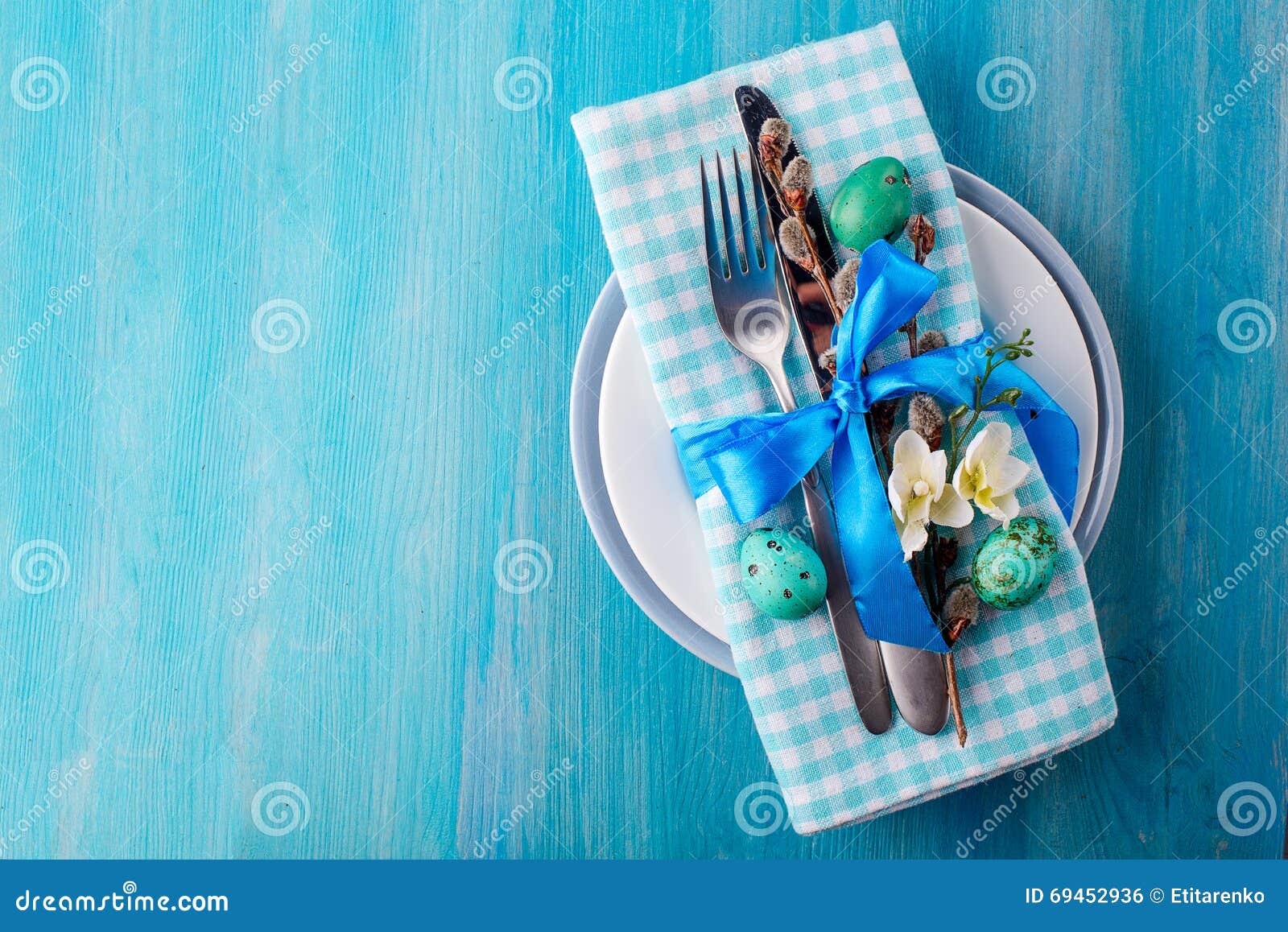 Easter Table Setting with Eggs and Cutlery. Holidays Background Stock ...