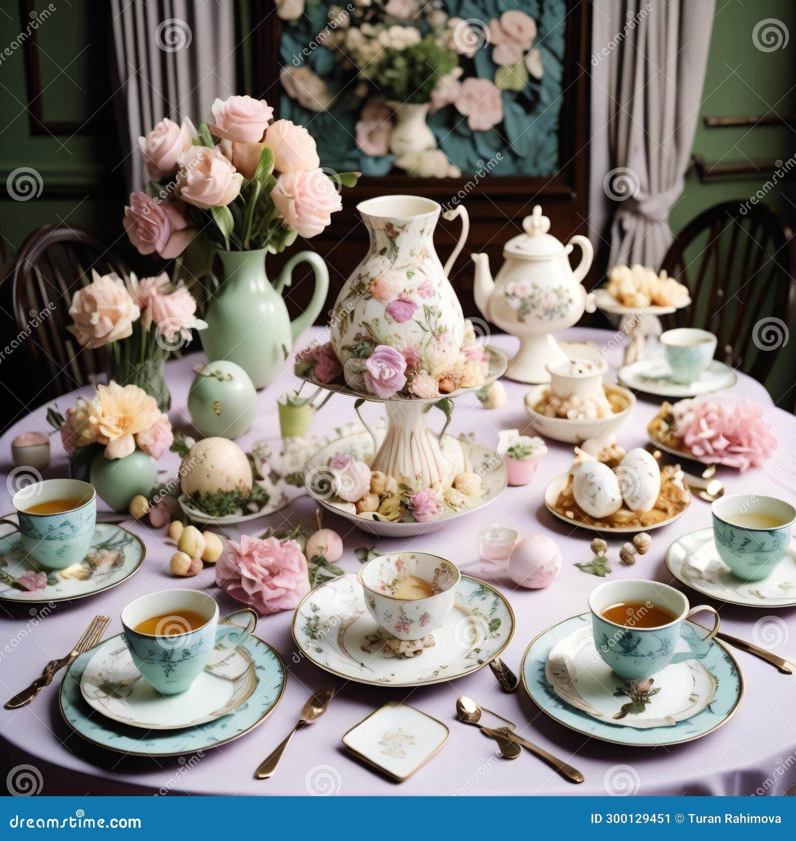 Easter Table Setting with Pastel Colored Cups and Teapot. Generative Ai ...