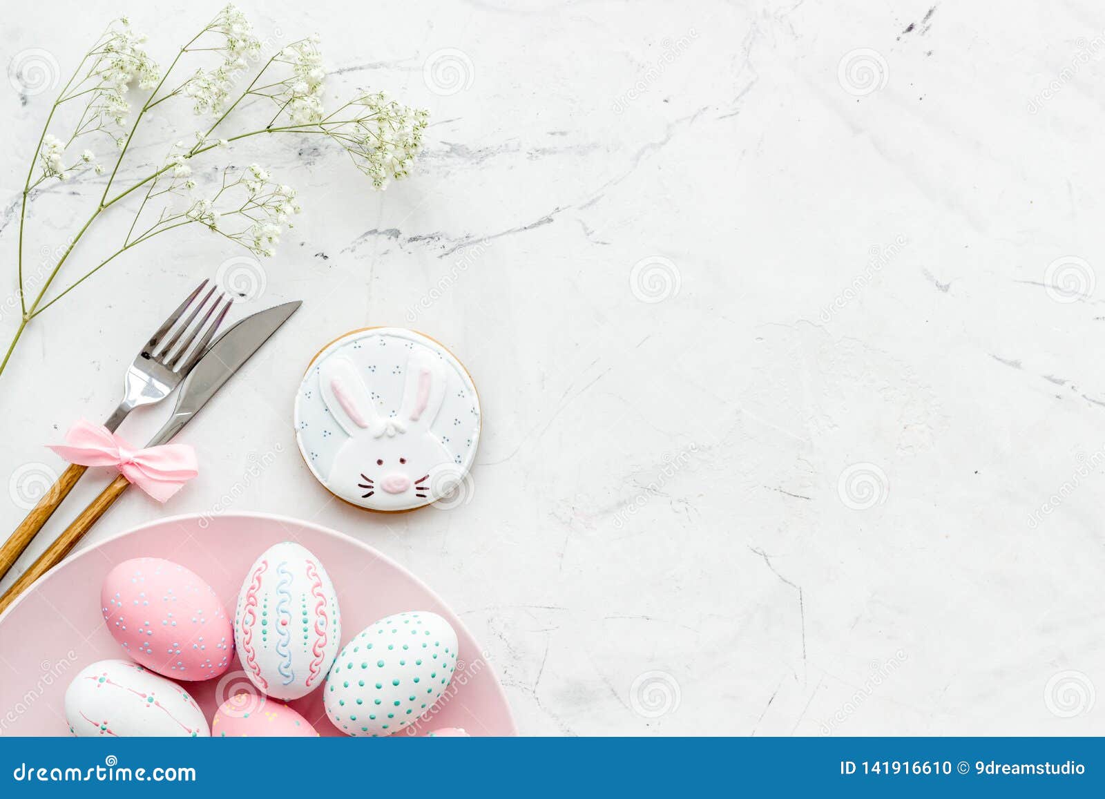 Easter Table Setting. Tableware and Painted Eggs on White Background ...