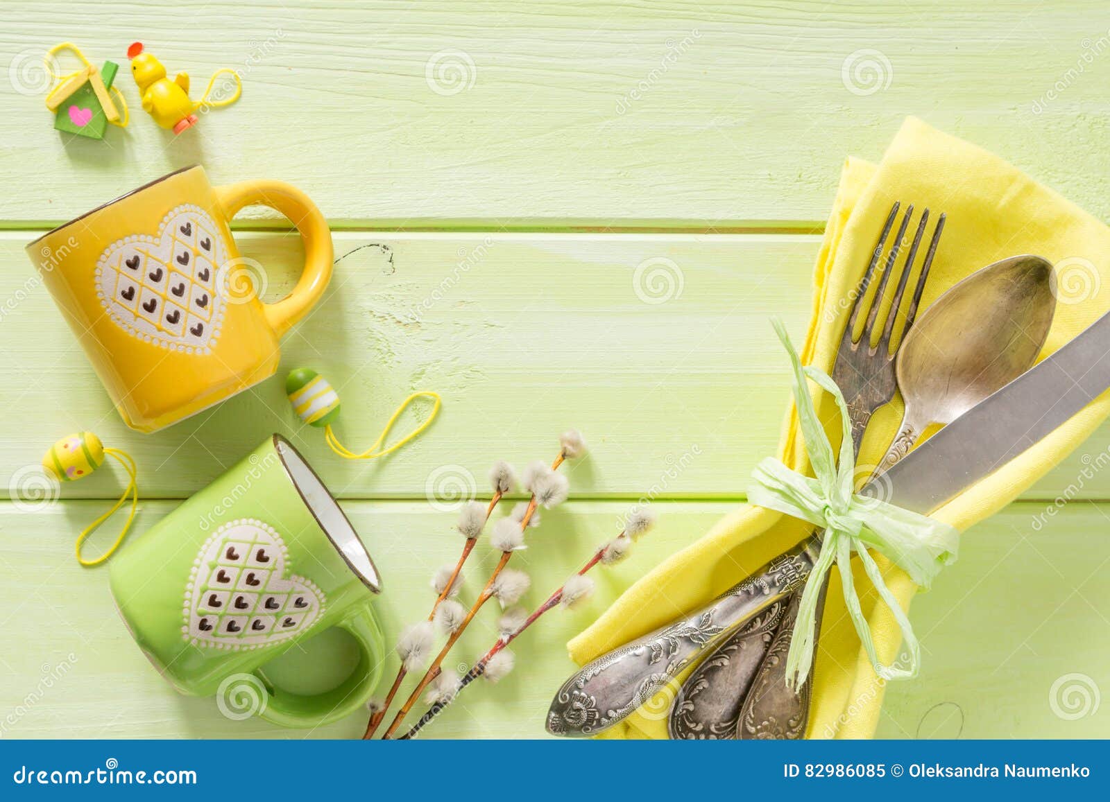Easter Table Setting on Wood Background Stock Image - Image of overhead ...