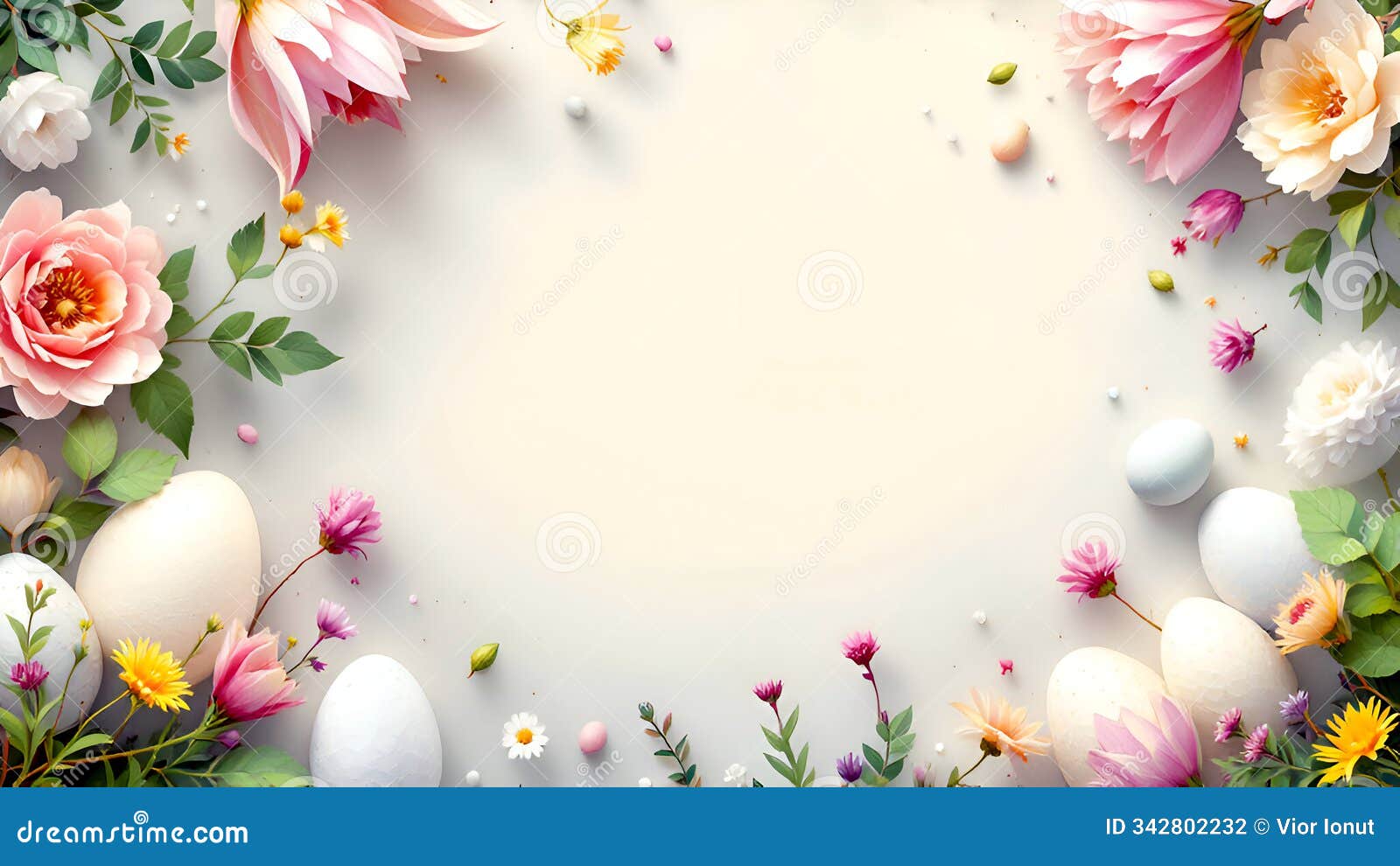 Easter Theme Background with Flowers and Colored Eggs with Blank Space ...