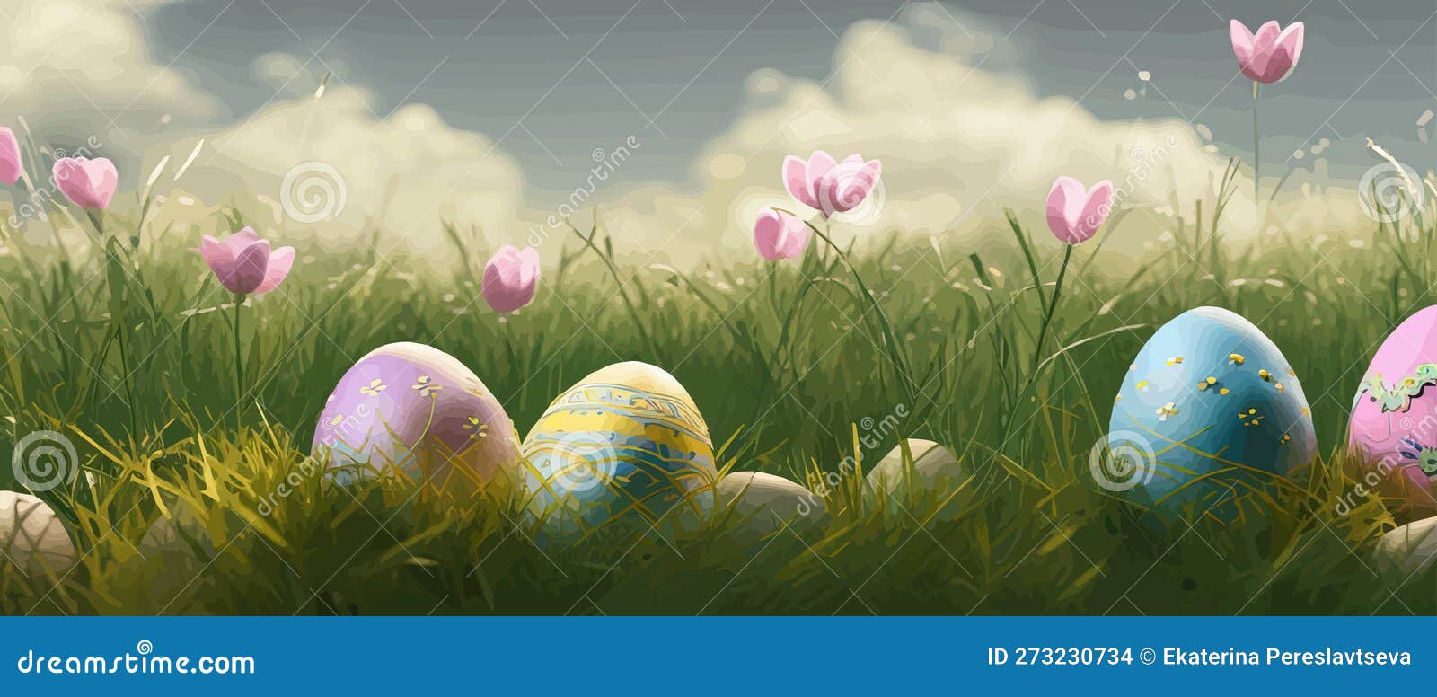 Easter Theme with Beautiful Eggs in Grass Banner Vector Illustration As ...
