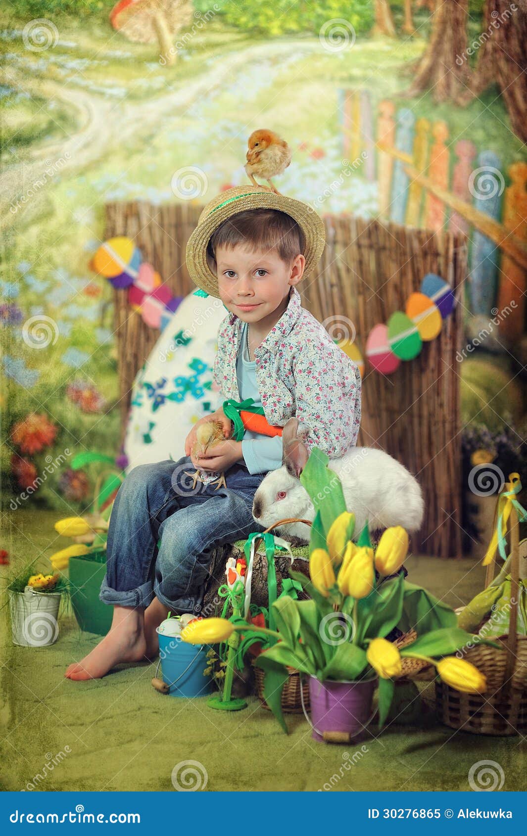A Boy and a Rabbit with Chickens Stock Image - Image of chicken, bunny ...
