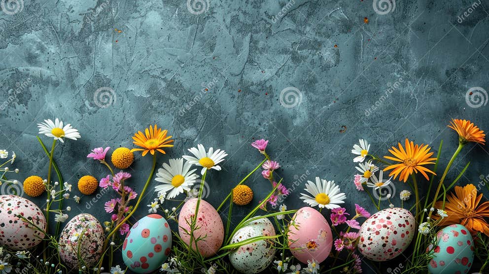 Easter-themed Backdrop Featuring Spring Flowers and Easter Eggs Stock Photo - Image of texture ...