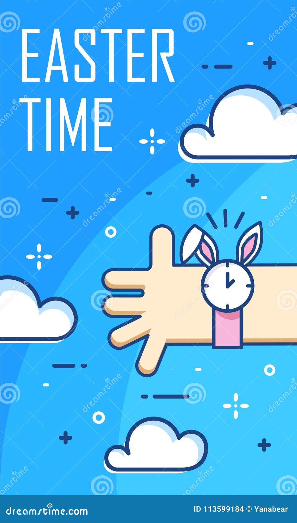 Easter Time Banner With Clouds, Hand And Wrist Watch. Thin Line Flat ...