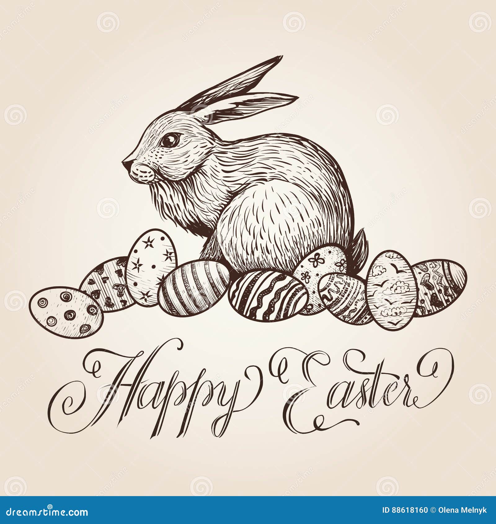 Easter Vintage Vector Hand Drawn Illustration With Lettering Bunny And