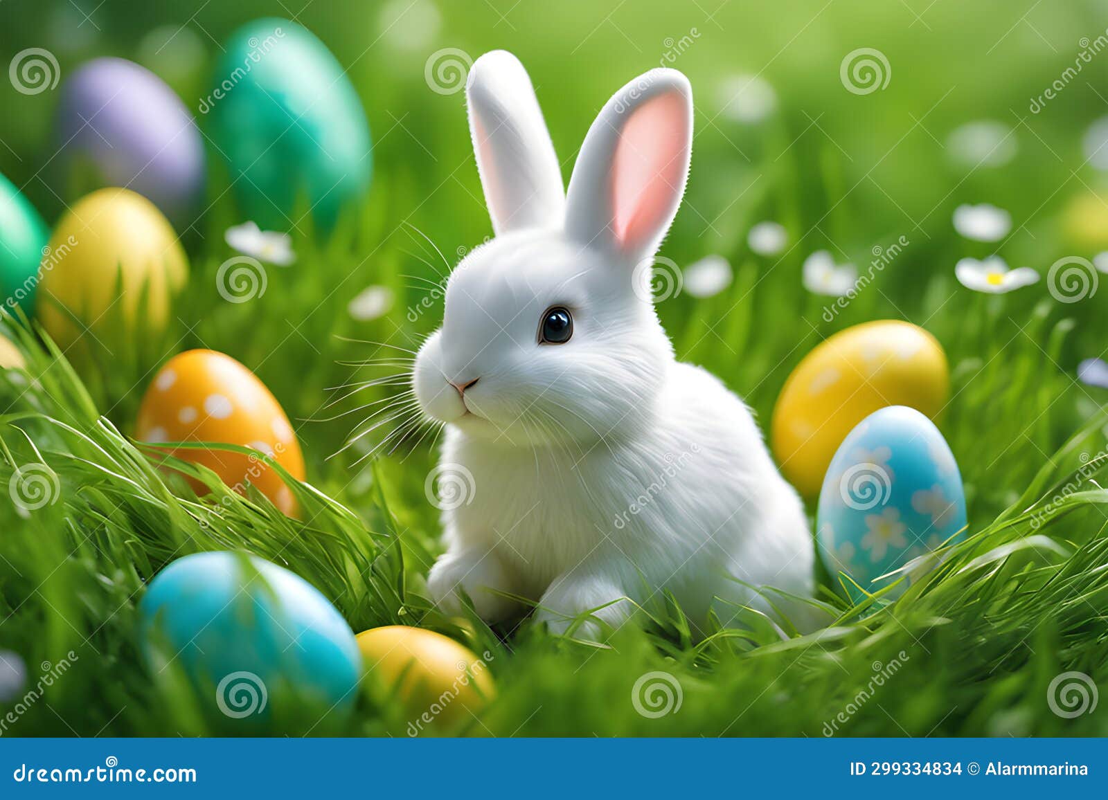 Easter White Bunny and Easter Eggs on a Spring Meadow of Green Grass ...