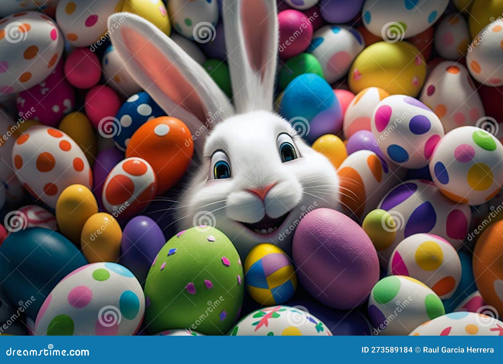 Easter White Bunny Hidden among Many Colorful Eggs. Funny Easter ...