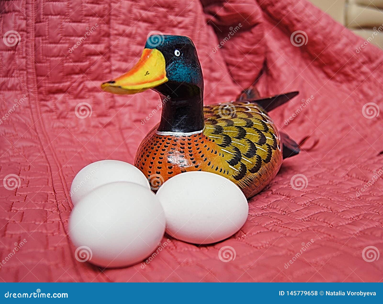 Easter white eggs and duck stock photo. Image of mother - 145779658