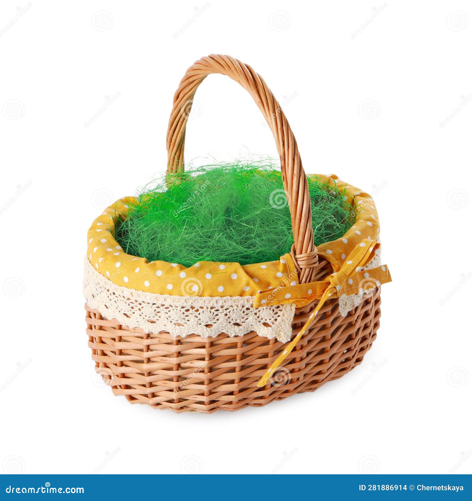 Easter Wicker Basket with Decorated Grass Isolated on White Stock Photo ...
