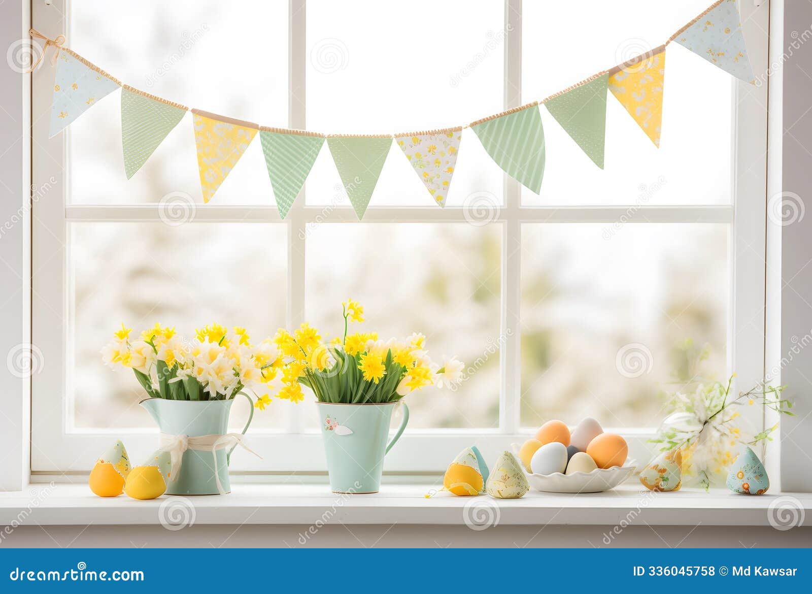 Easter Window Decor with Flowers and Eggs Stock Illustration - Illustration of bunting, easter ...