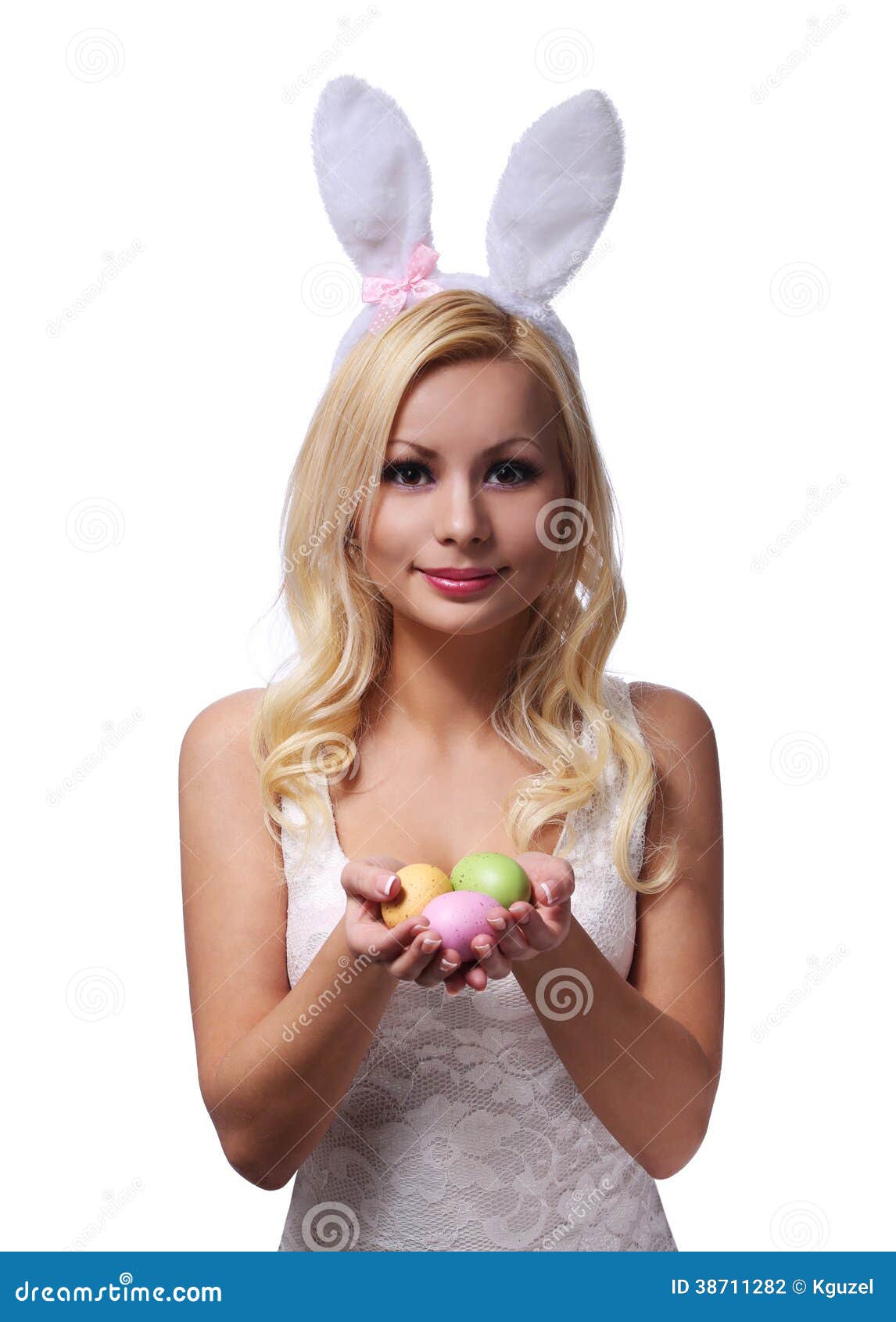 Easter Woman Portrait Of A Happy Woman In Bunny Ears Winking Closeup