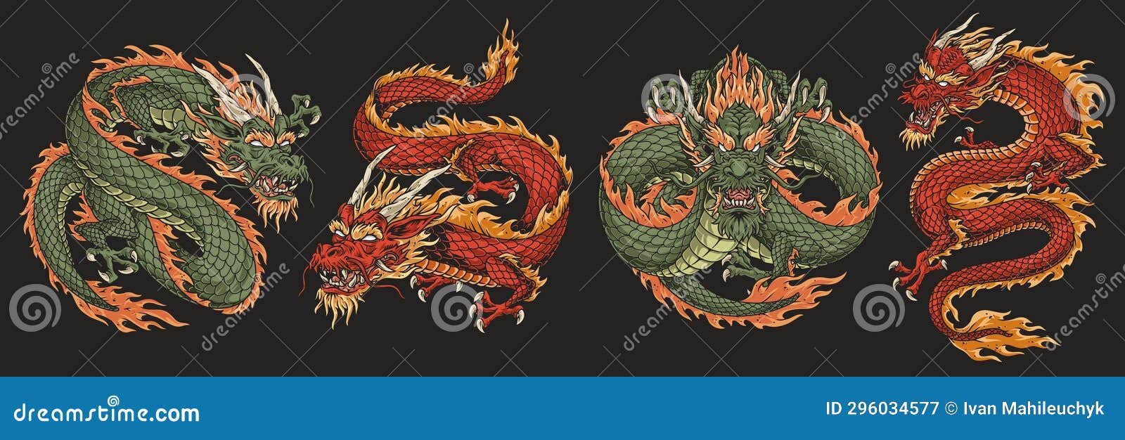 Eastern Dragons Set Emblems Colorful Stock Illustration - Illustration ...