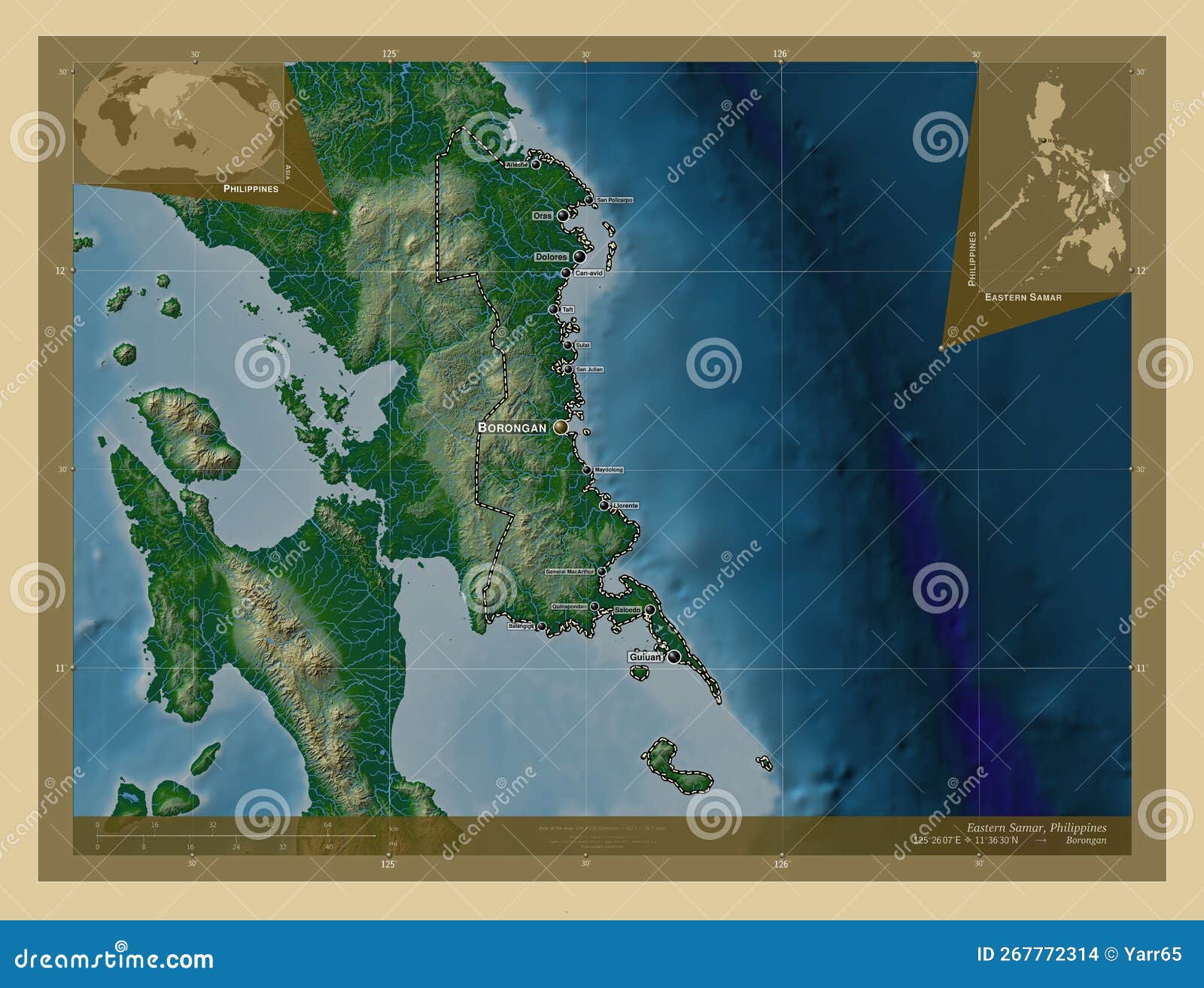 Eastern Samar, Philippines. Physical. Labelled Points of Cities Stock ...