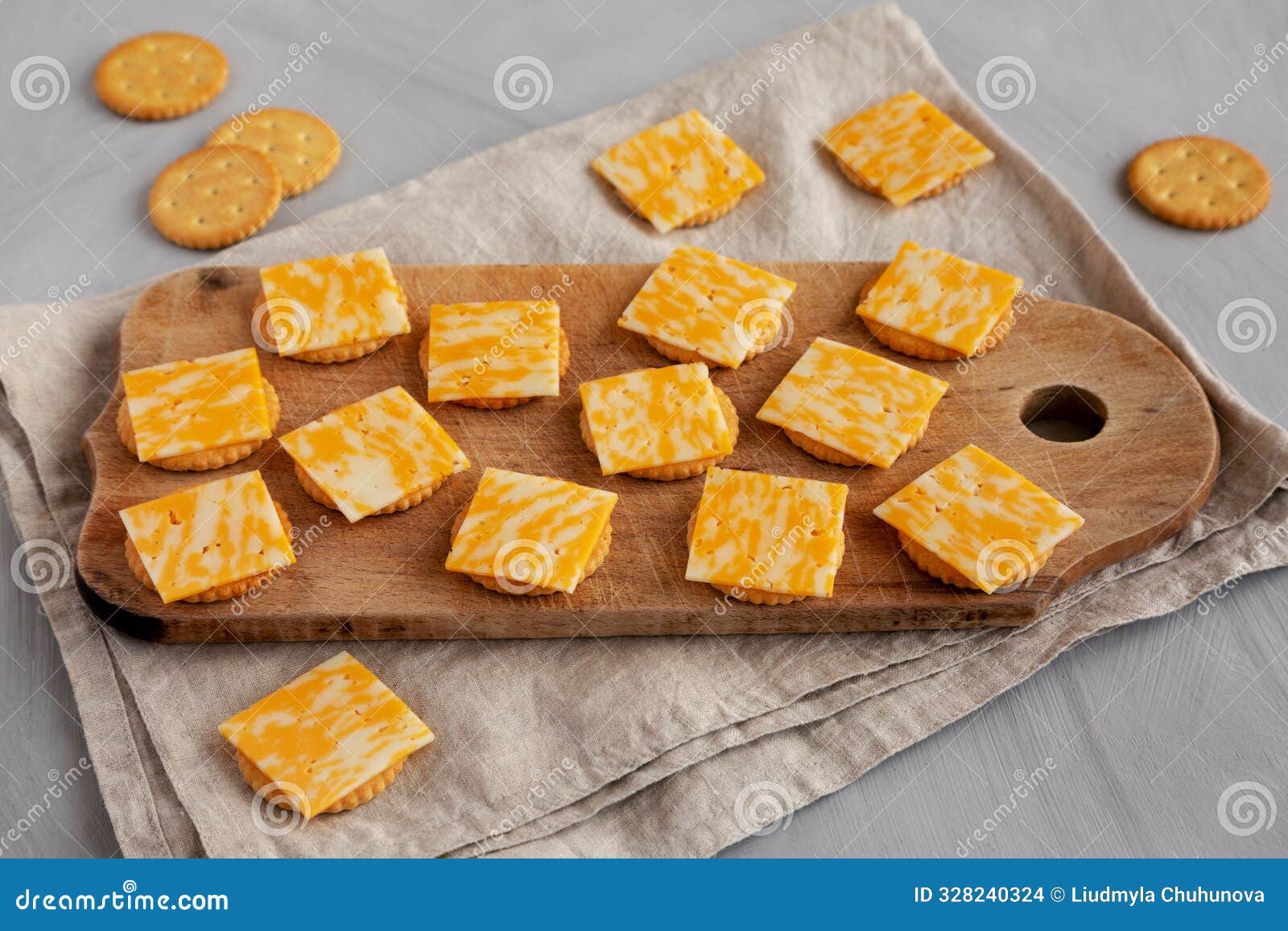 Easy Cheese and Crackers on a Wooden Board, Side View Stock Photo ...