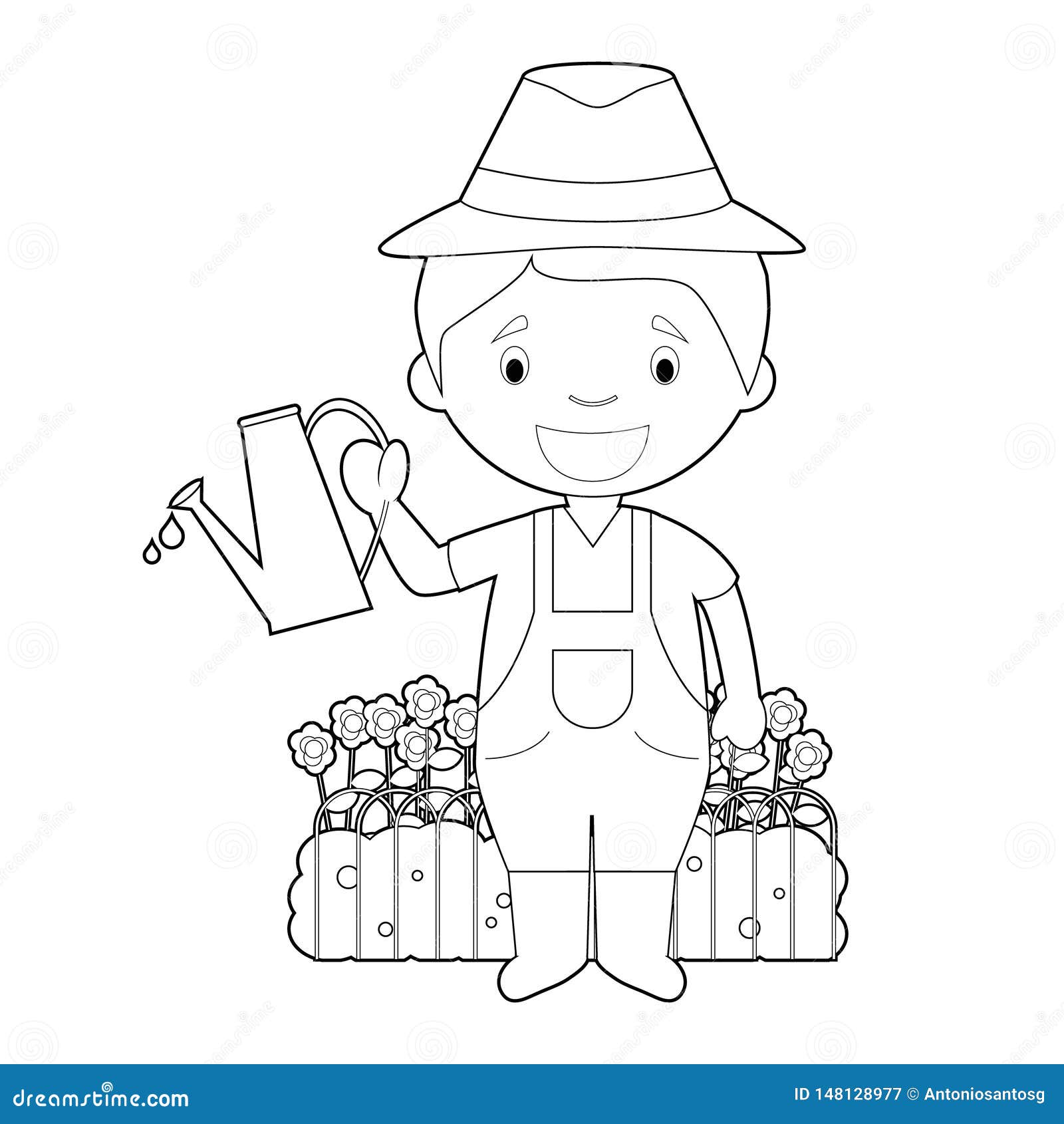 Illustration Gardener Caring For Plants, A Sign In The Style Of Line ...