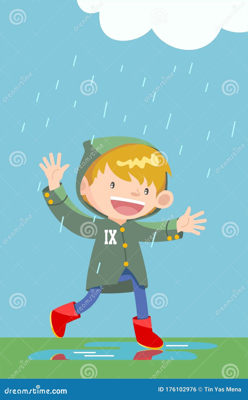 Boy playing in the rain stock vector. Illustration of background ...