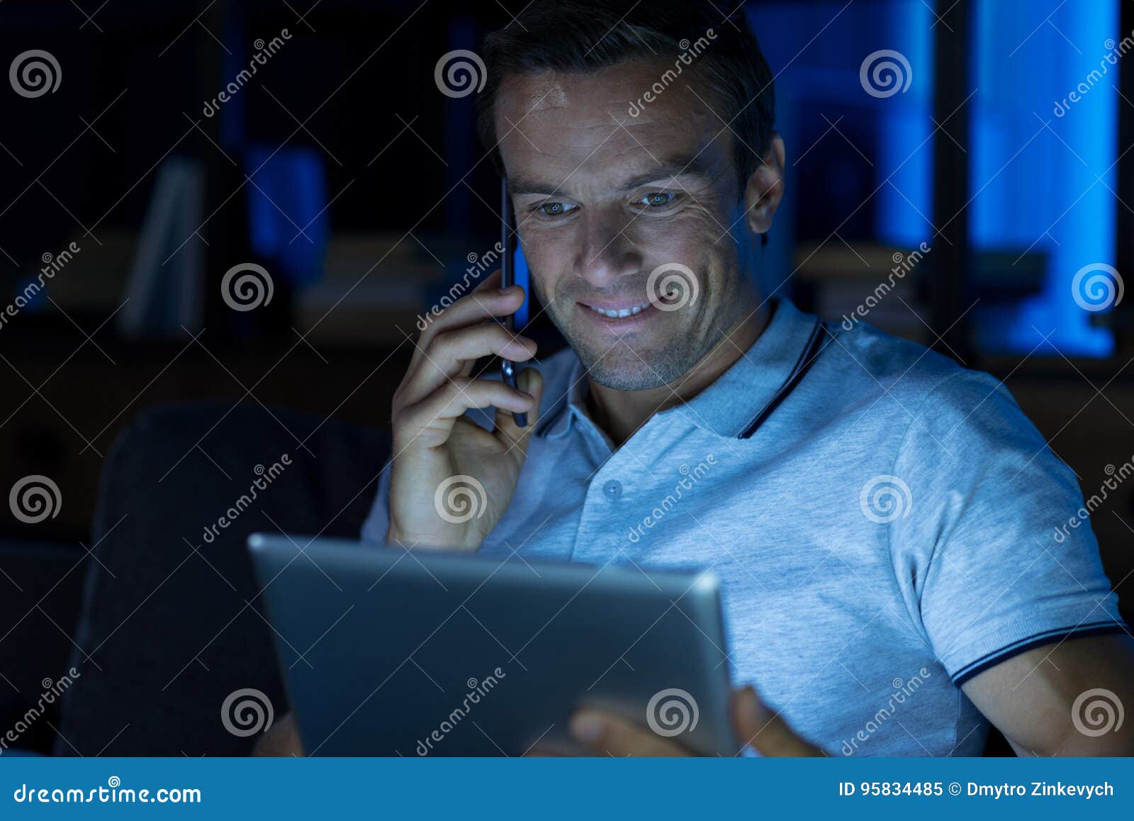 Easy Going Pleasant Guy Calling Someone Stock Image - Image of ...