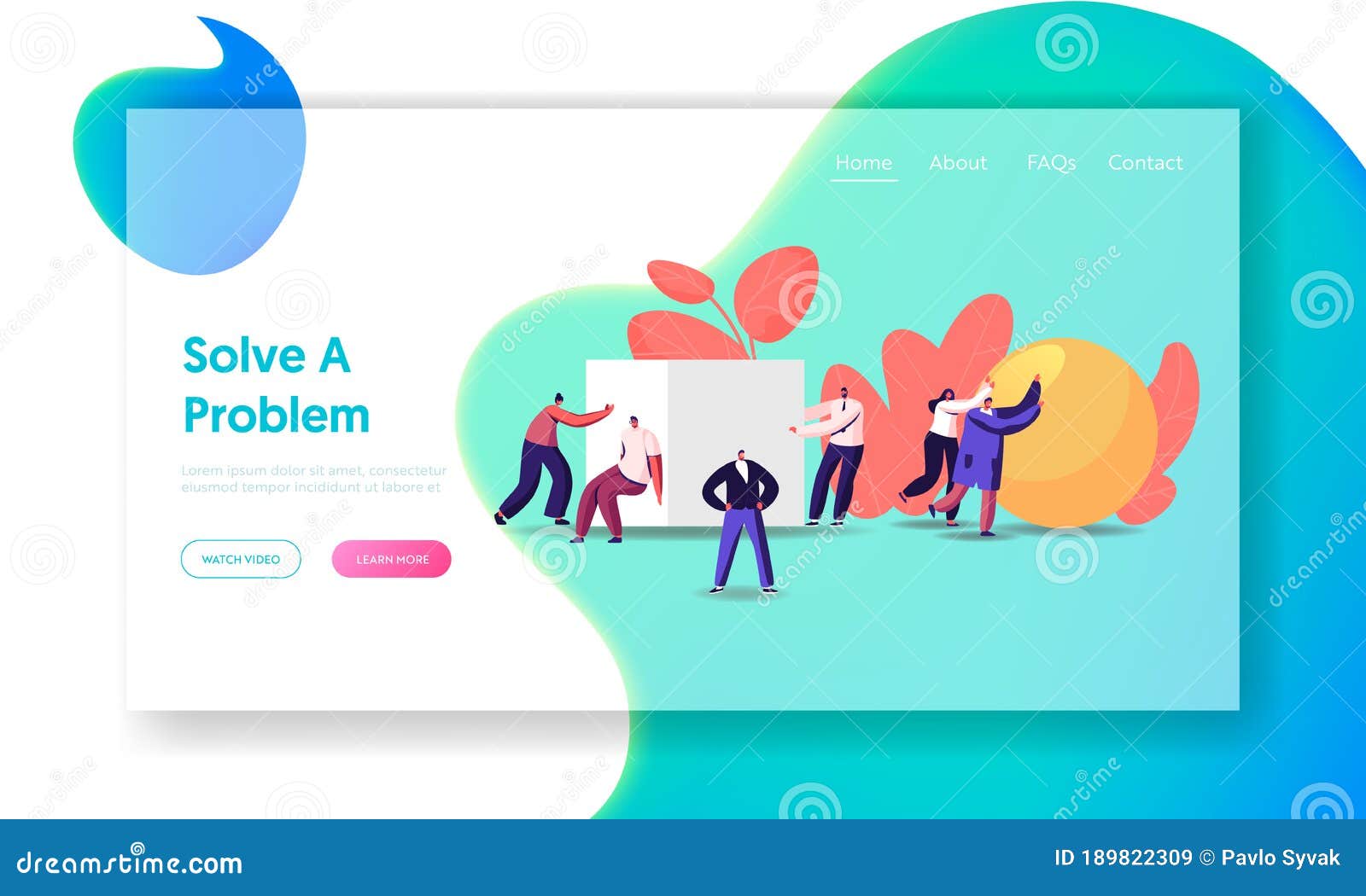 Easy Problems Solving Landing Page Template. Tiny Business People Push Huge Geometric Shapes ...