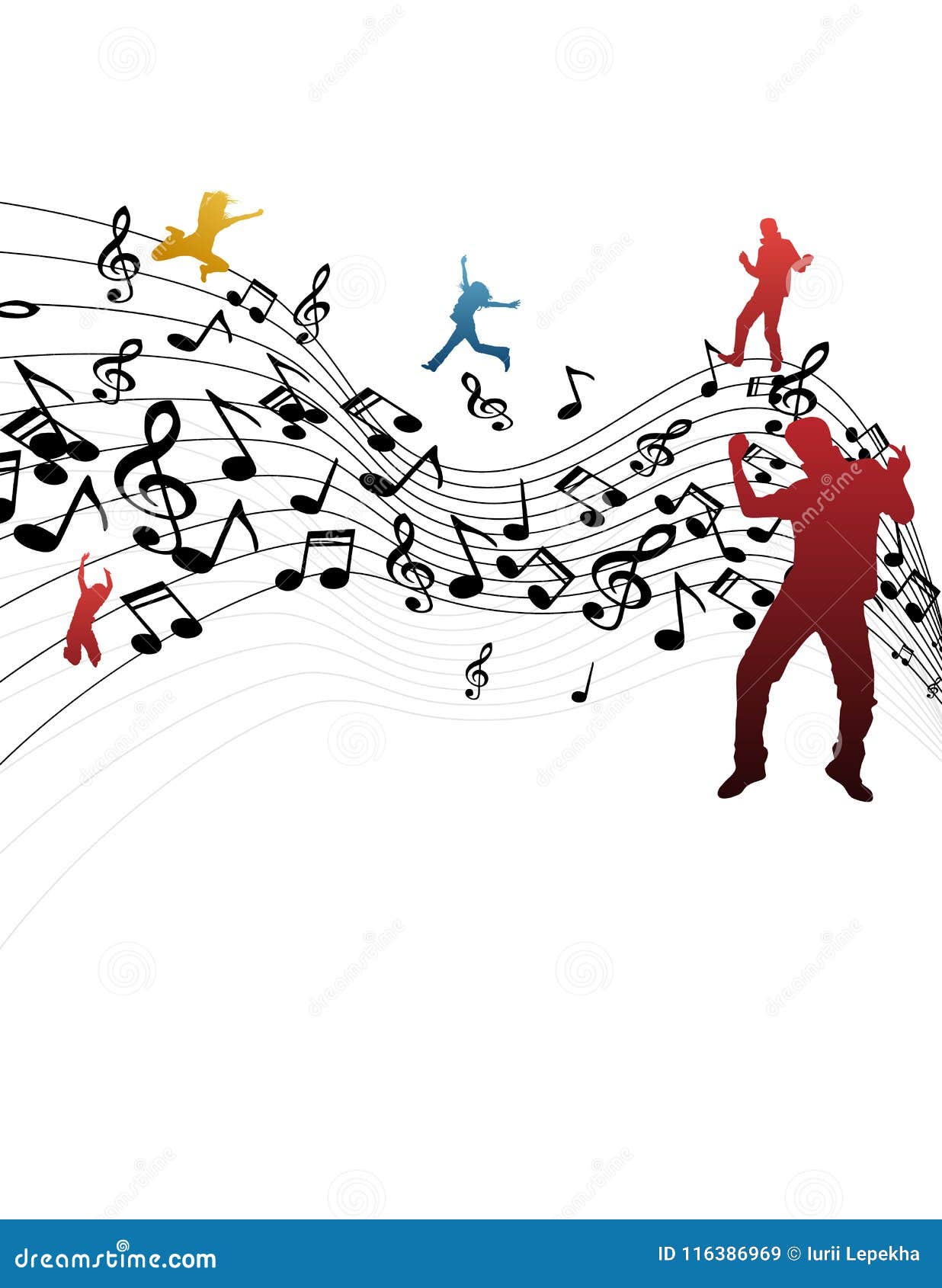Easy To Edit Vector Illustration Of Wavy Musical Notes With Dancer ...