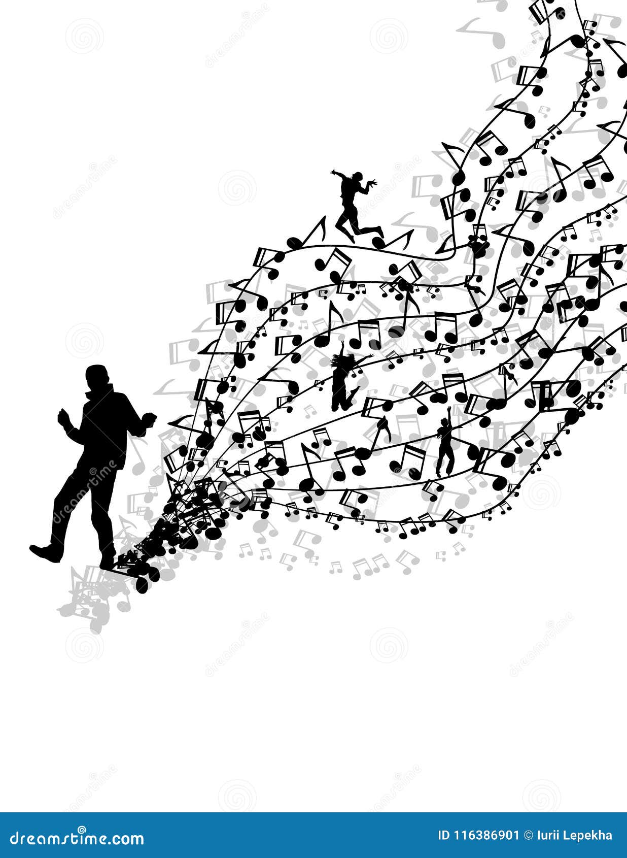 Easy To Edit Vector Illustration of Wavy Musical Notes with Dancer ...